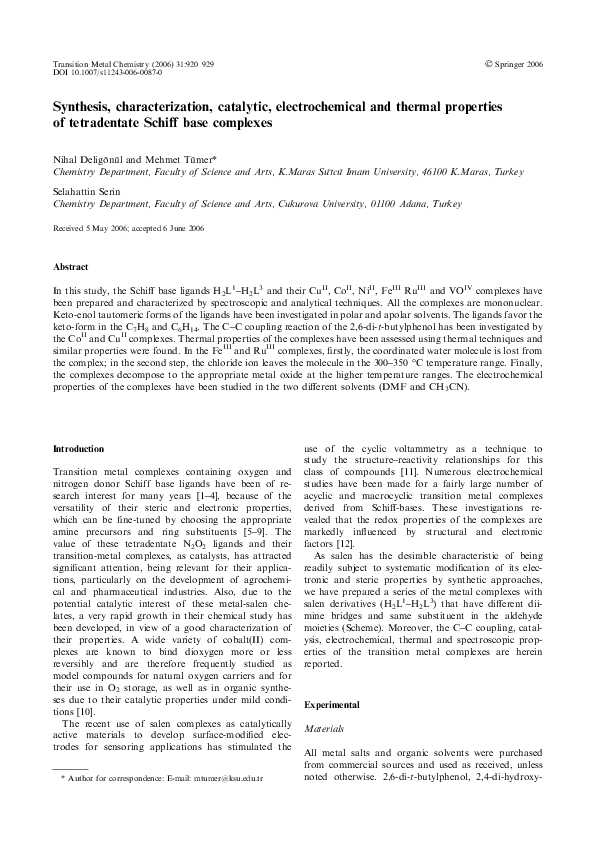 (PDF) Synthesis, characterization, catalytic, electrochemical and thermal properties of ...