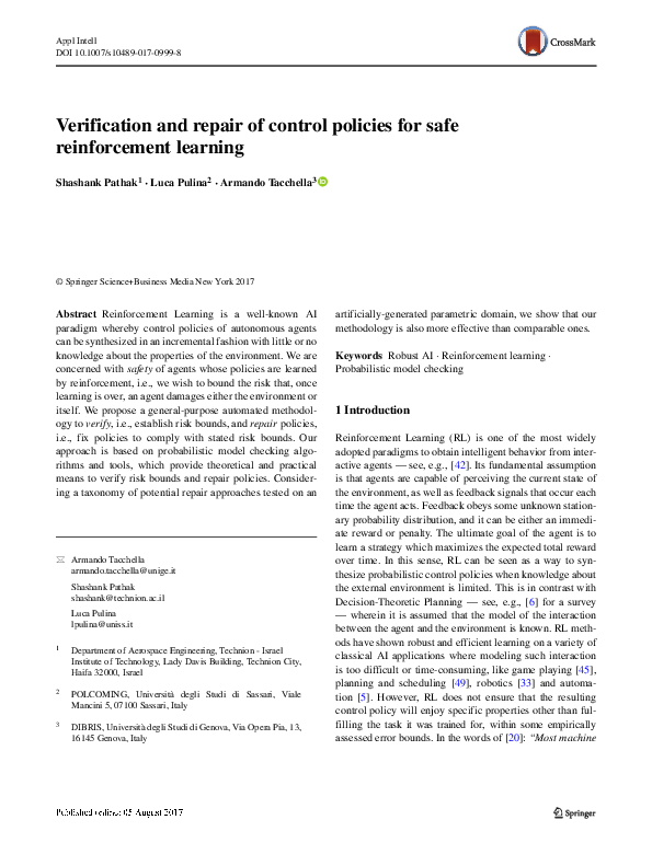 (PDF) Verification and repair of control policies for safe ...