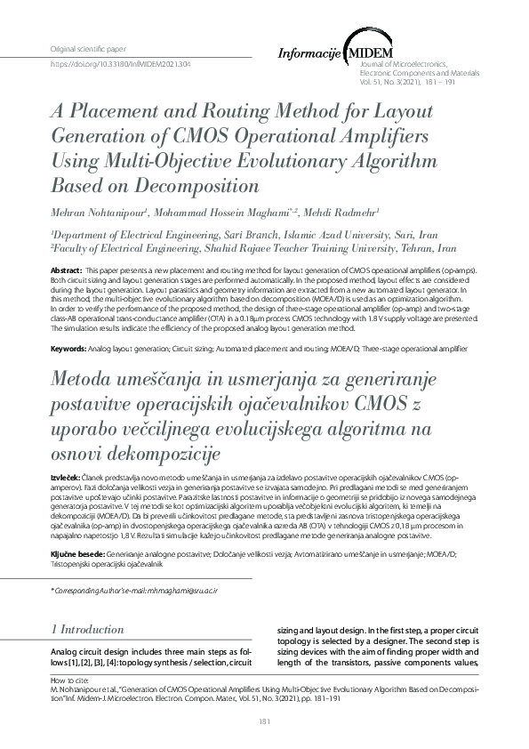 Pdf A Placement And Routing Method For Layout Generation Of Cmos Operational Amplifiers Using