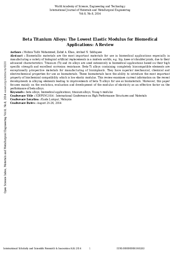 (PDF) Beta Titanium Alloys: The Lowest Elastic Modulus for Biomedical ...
