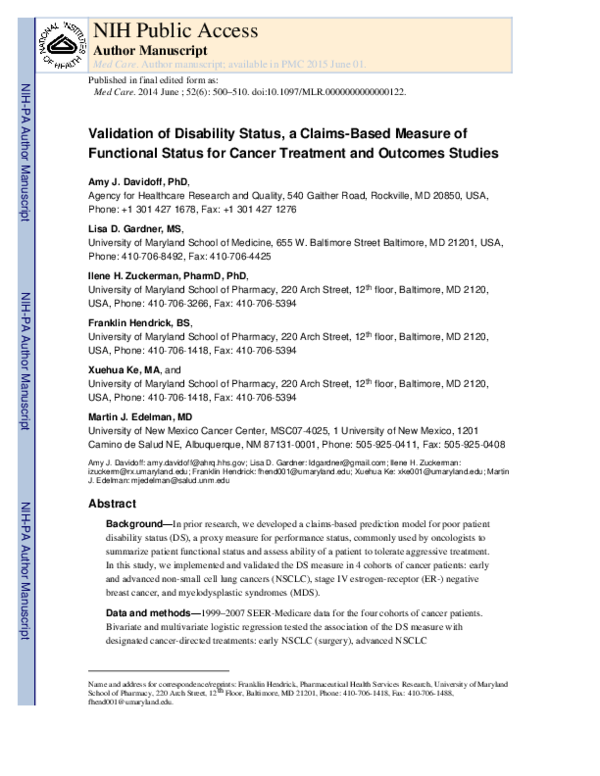 (PDF) Validation of Disability Status, a Claims-based Measure of ...