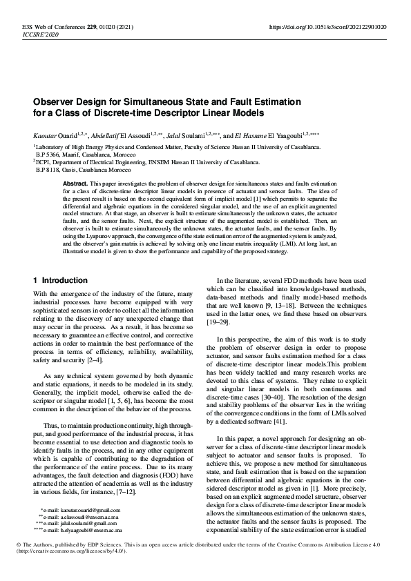 (PDF) Observer Design for Simultaneous State and Fault Estimation for a ...