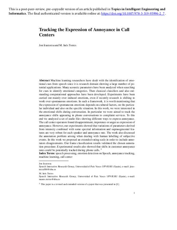 (PDF) Tracking the Expression of Annoyance in Call Centers