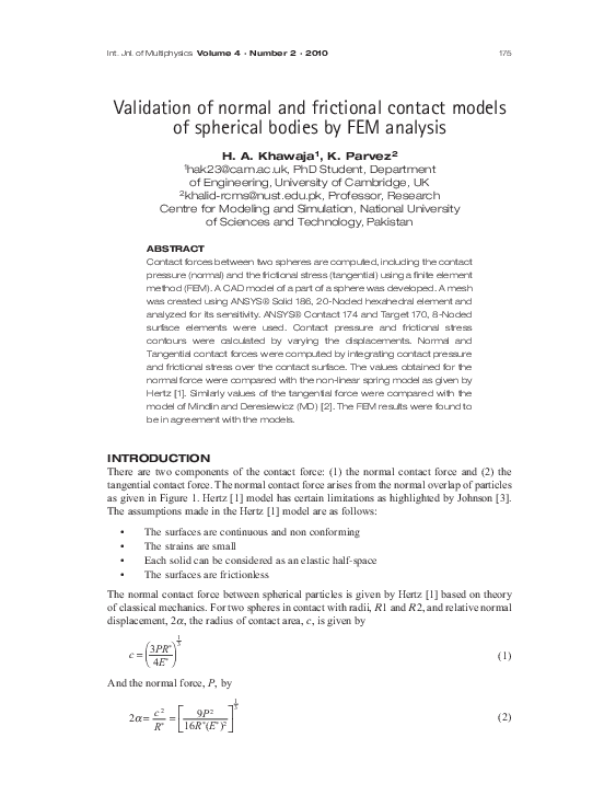 (PDF) Validation of Normal and Frictional Contact Models of Spherical Bodies by Fem Analysis