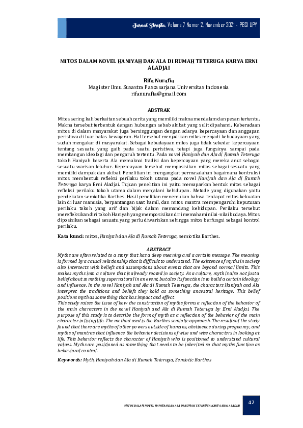 (PDF) Mitos Dalam Novel Haniyah Dan Ala DI Rumah Teteruga Karya Erni ...