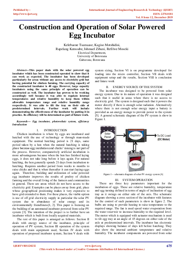 (PDF) Construction and Operation of Solar Powered Egg Incubator
