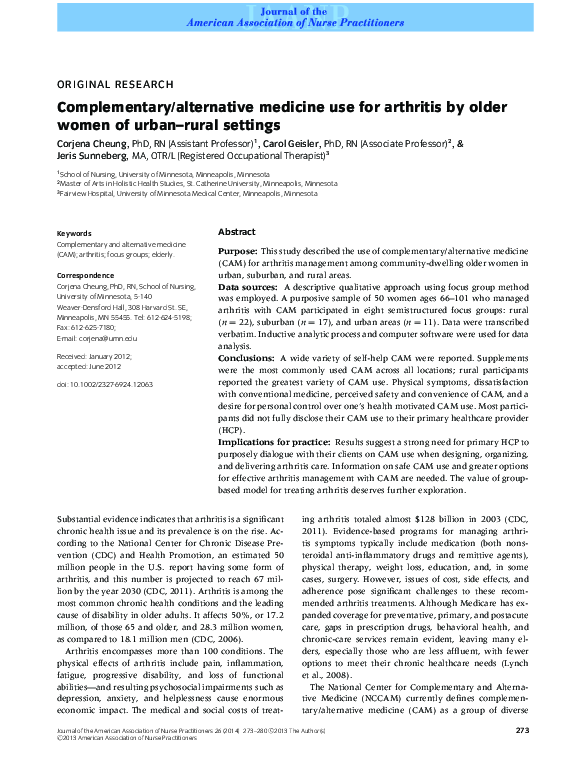 (PDF) Complementary/alternative medicine use for arthritis by older women of urban-rural settings