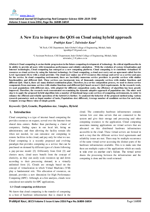 (PDF) A New Era to improve the QOS on Cloud using hybrid approach