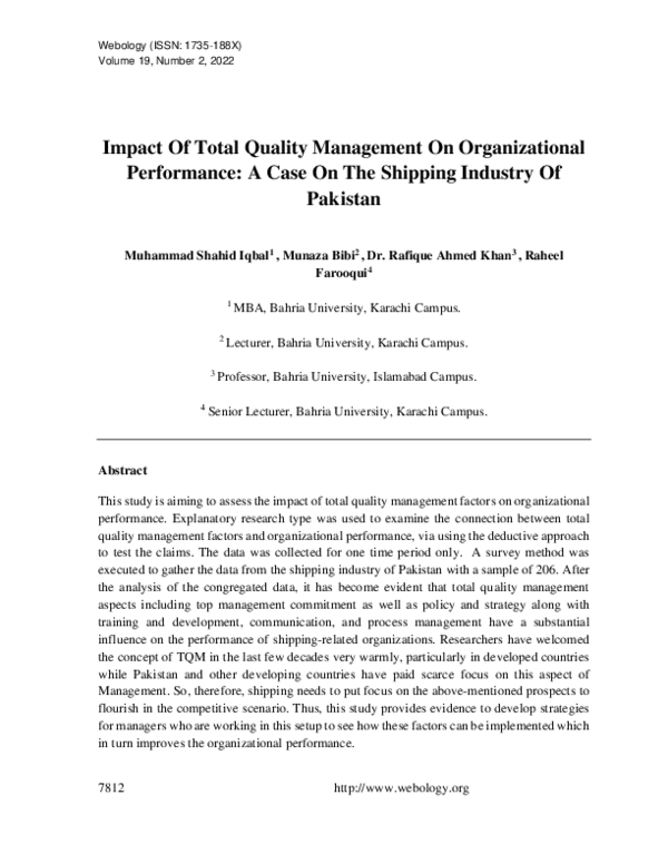 (PDF) Impact Of Total Quality Management On Organizational Performance: A Case On The Shipping ...