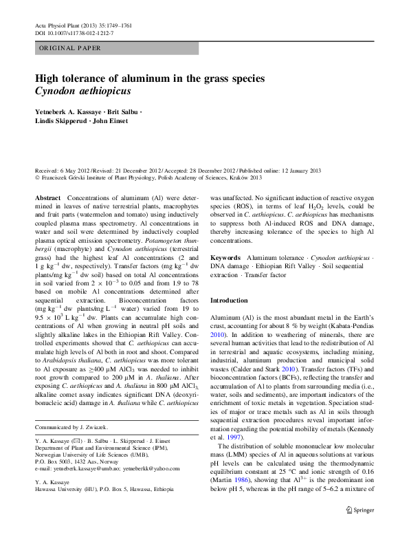 (PDF) High tolerance of aluminum in the grass species Cynodon ...