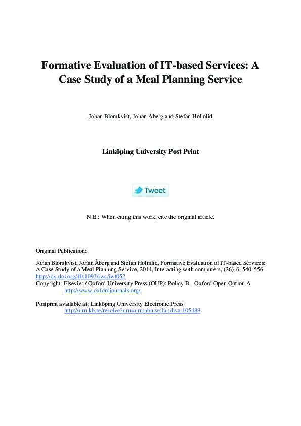 (PDF) Formative Evaluation of IT-based Services: A Case Study of a Meal Planning Service