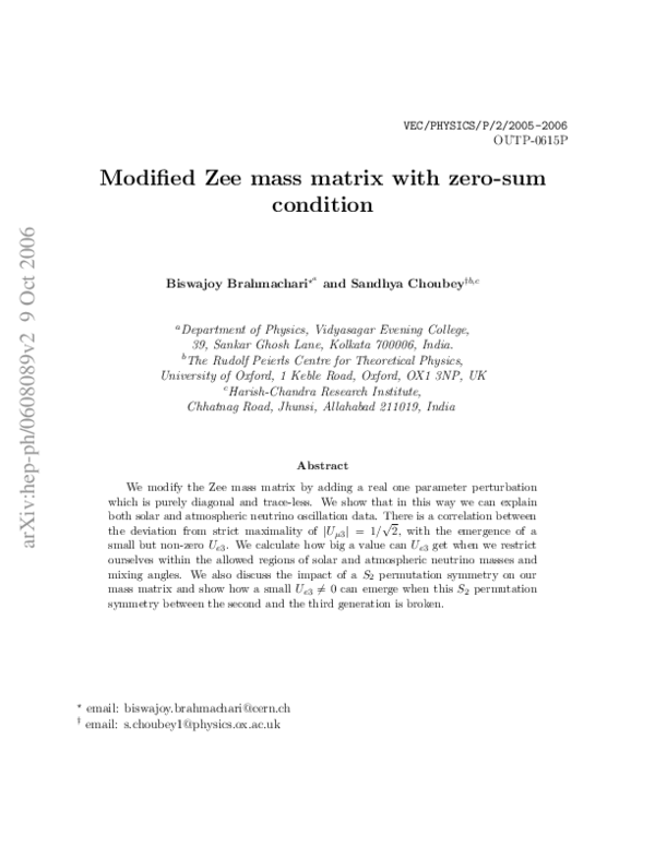 Pdf Modified Zee Mass Matrix With Zero Sum Condition