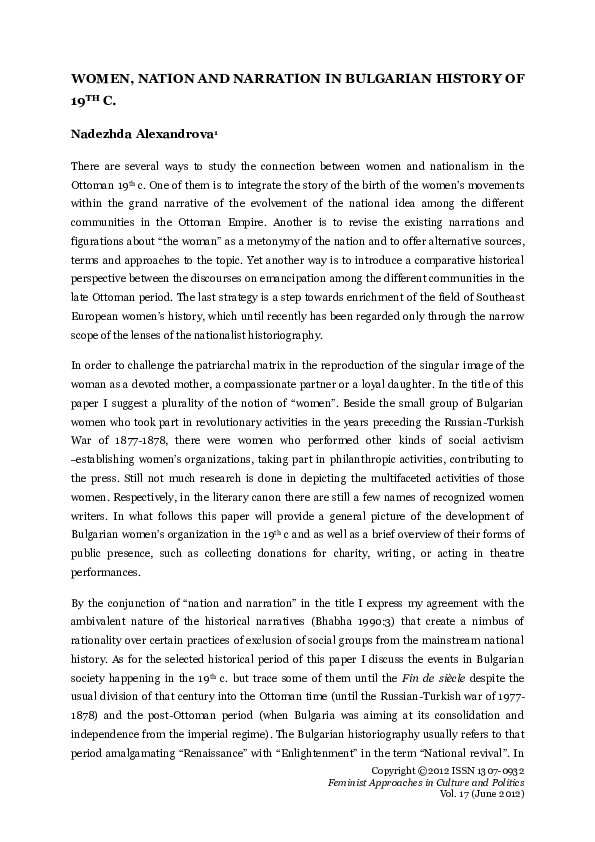 (PDF) Women, Nation and Narration in Bulgarian History of 19TH C
