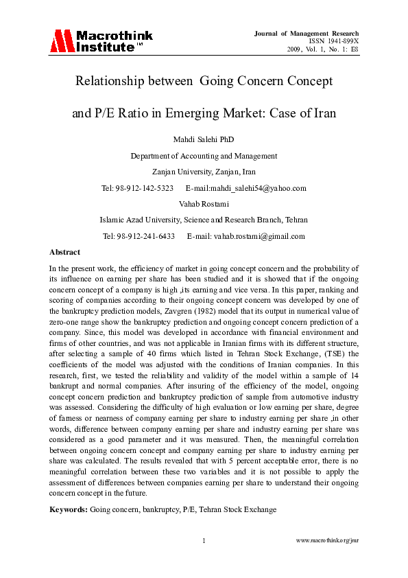 (PDF) Relationship Between Going Concern Concept and P/E Ratio in ...