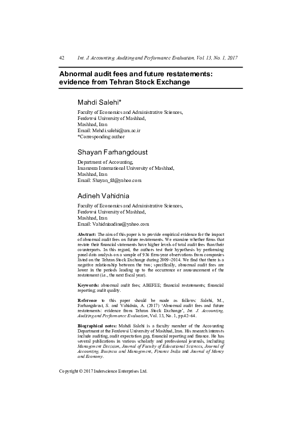(PDF) Abnormal audit fees and future restatements: evidence from Tehran ...