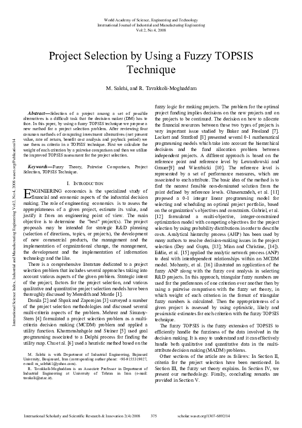(PDF) Project Selection By Using A Fuzzy Topsis Technique