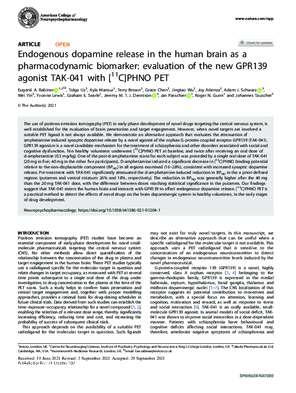 (PDF) Endogenous dopamine release in the human brain as a pharmacodynamic biomarker: evaluation ...