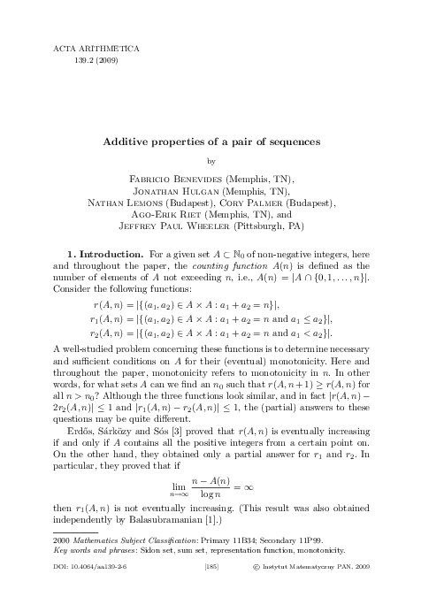 (PDF) Additive properties of a pair of sequences