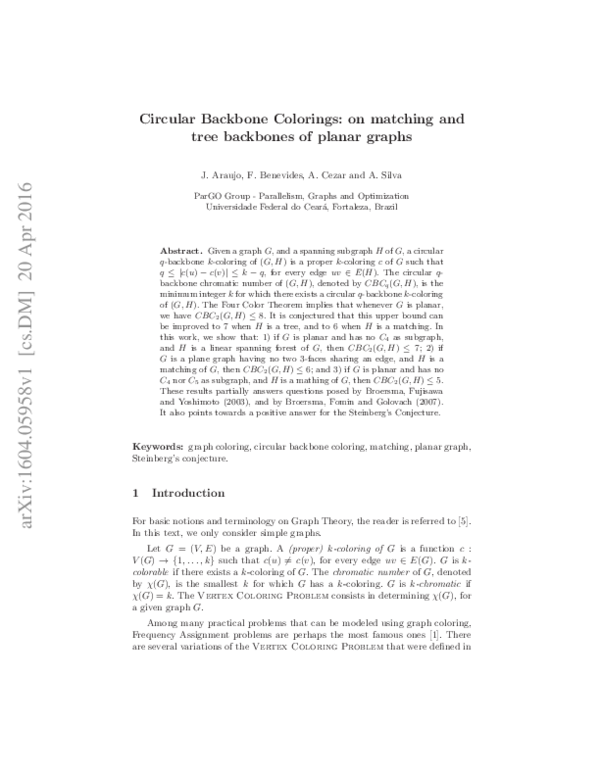 (PDF) Circular backbone colorings: On matching and tree backbones of planar graphs