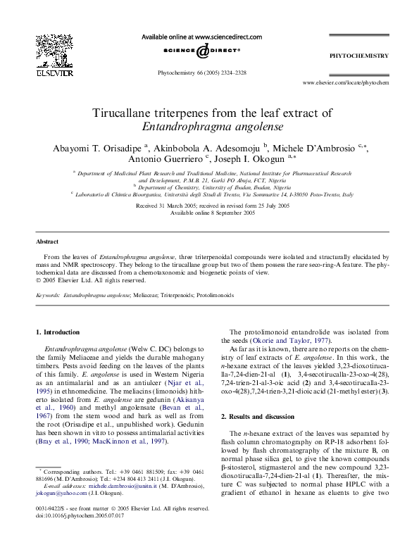 (PDF) Tirucallane triterpenes from the leaf extract of Entandrophragma ...