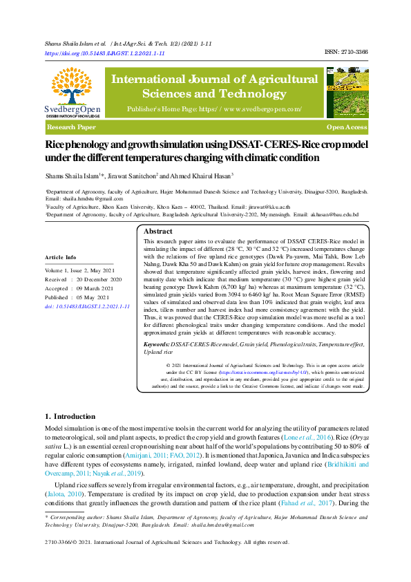 Pdf Rice Phenology And Growth Simulation Using Dssat Ceres Rice Crop Model Under The
