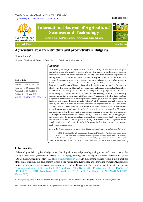 (PDF) Agricultural research structure and productivity in Bulgaria