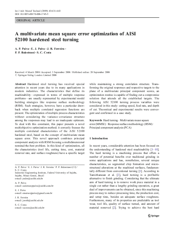 (PDF) A multivariate mean square error optimization of AISI 52100 hardened steel turning