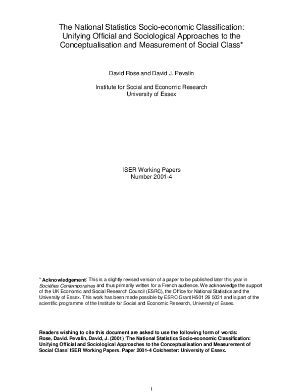 (PDF) The national statistics socio-economic classification : unifying ...