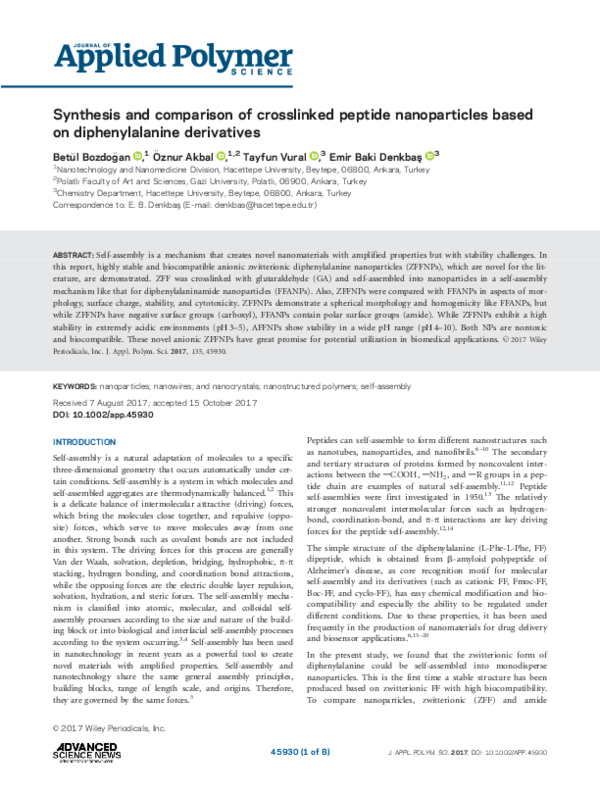 (PDF) Synthesis and comparison of crosslinked peptide nanoparticles based on diphenylalanine ...