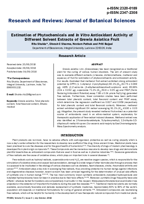 (PDF) Estimation of Phytochemicals and In Vitro Antioxidant Activity ofDifferent Solvent ...