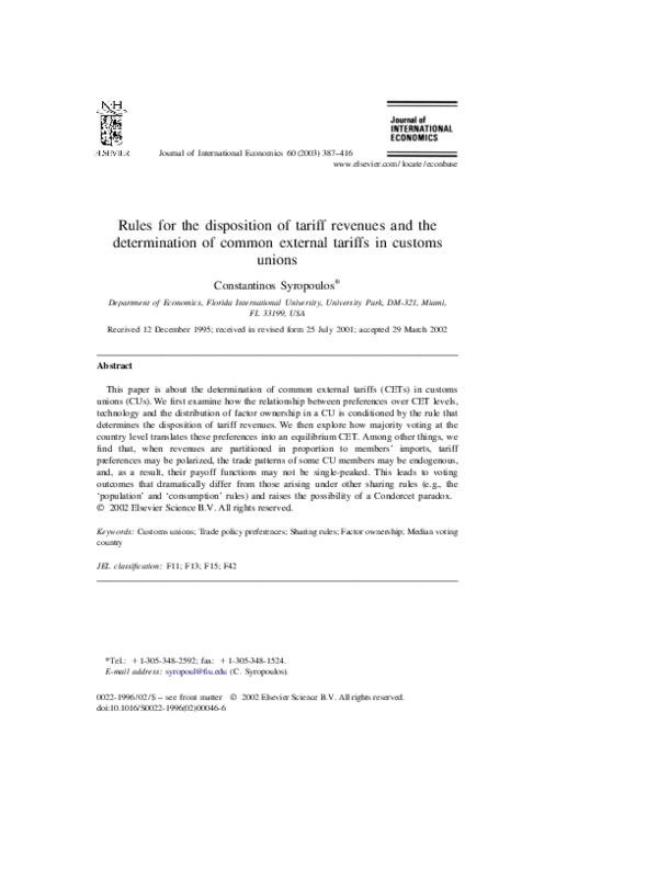 (PDF) Rules for the disposition of tariff revenues and the ...
