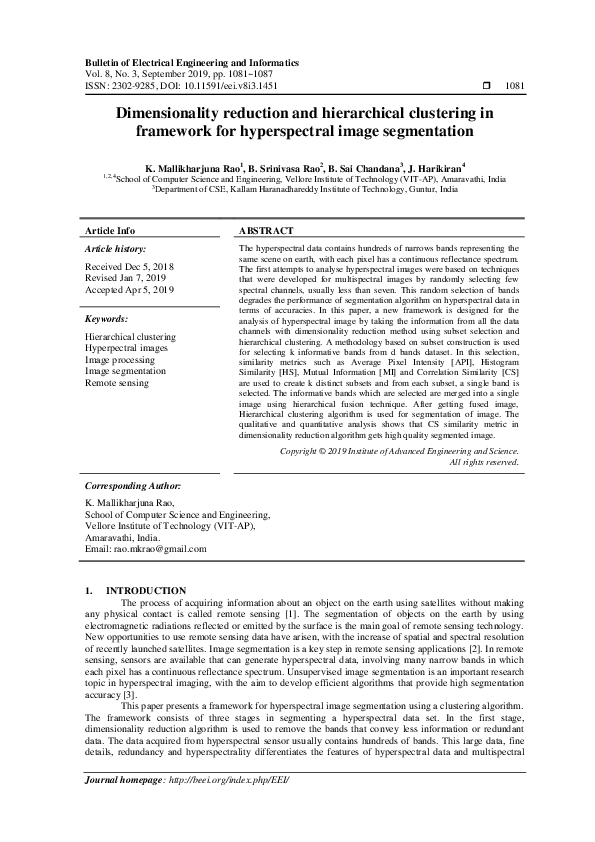 (PDF) Dimensionality reduction and hierarchical clustering in framework for hyperspectral image ...