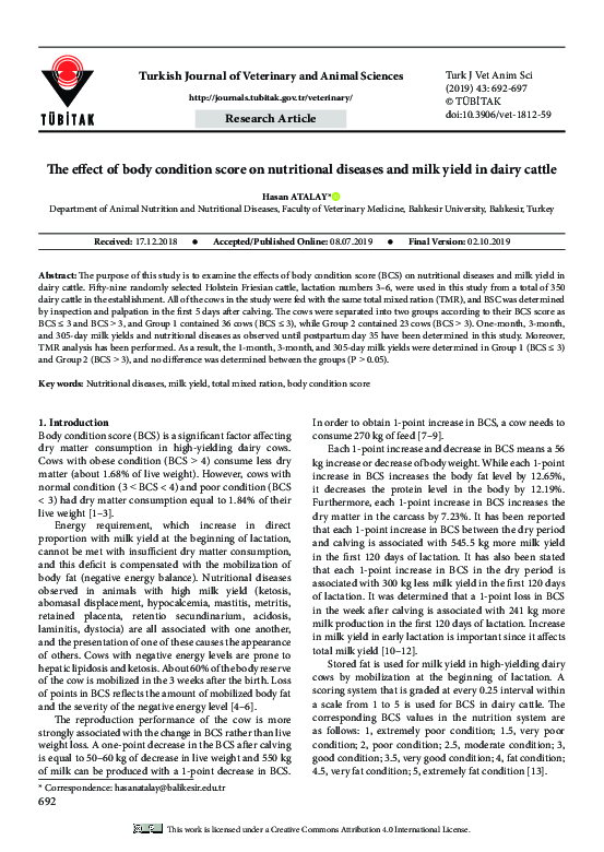 (PDF) The effect of body condition score on nutritional diseases and ...