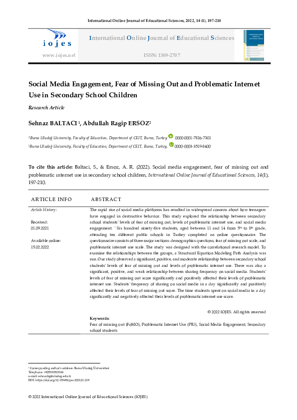 (PDF) Social Media Engagement, Fear of Missing Out and Problematic ...