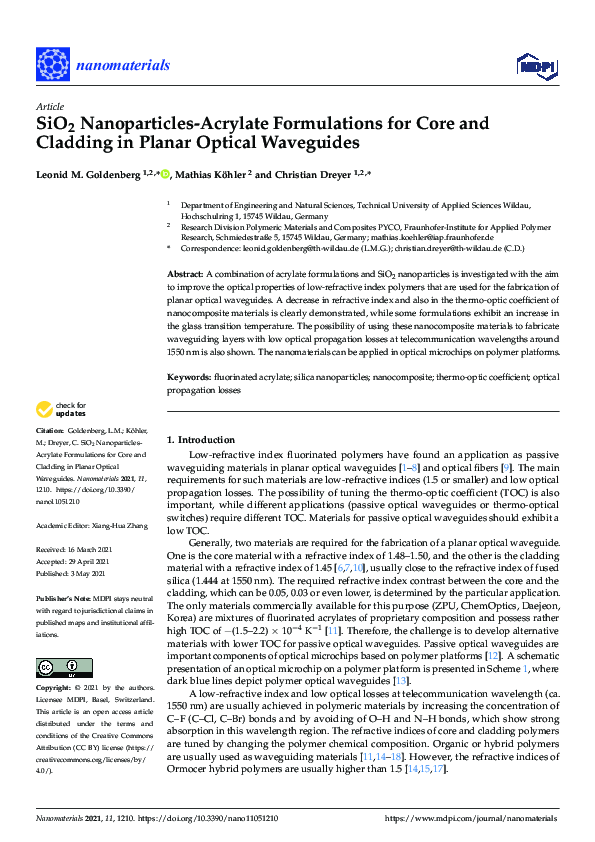(PDF) SiO2 Nanoparticles-Acrylate Formulations for Core and Cladding in Planar Optical Waveguides