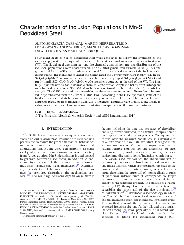 (PDF) Characterization of Inclusion Populations in Mn-Si Deoxidized Steel