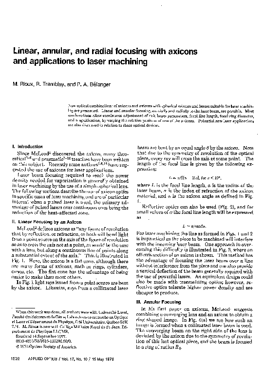 (PDF) Linear, annular, and radial focusing with axicons and applications to laser machining