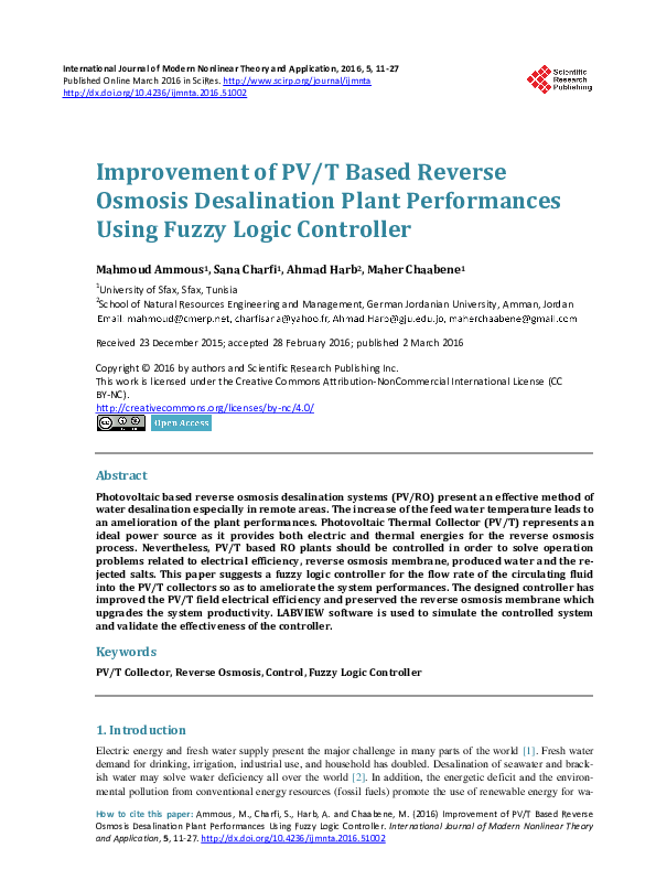 (PDF) Improvement of PV/T Based Reverse Osmosis Desalination Plant Performances Using Fuzzy ...
