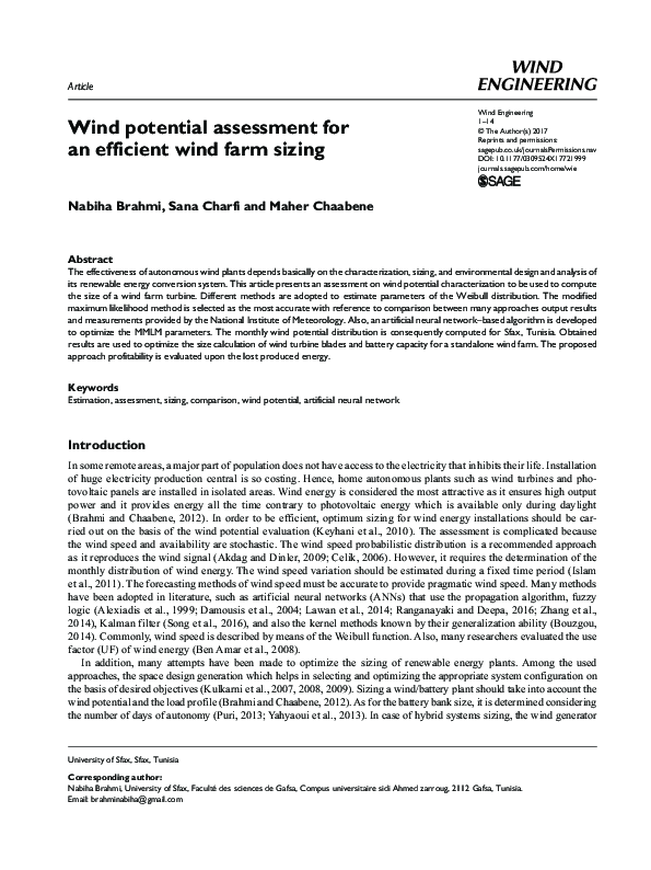 (PDF) Wind potential assessment for an efficient wind farm sizing