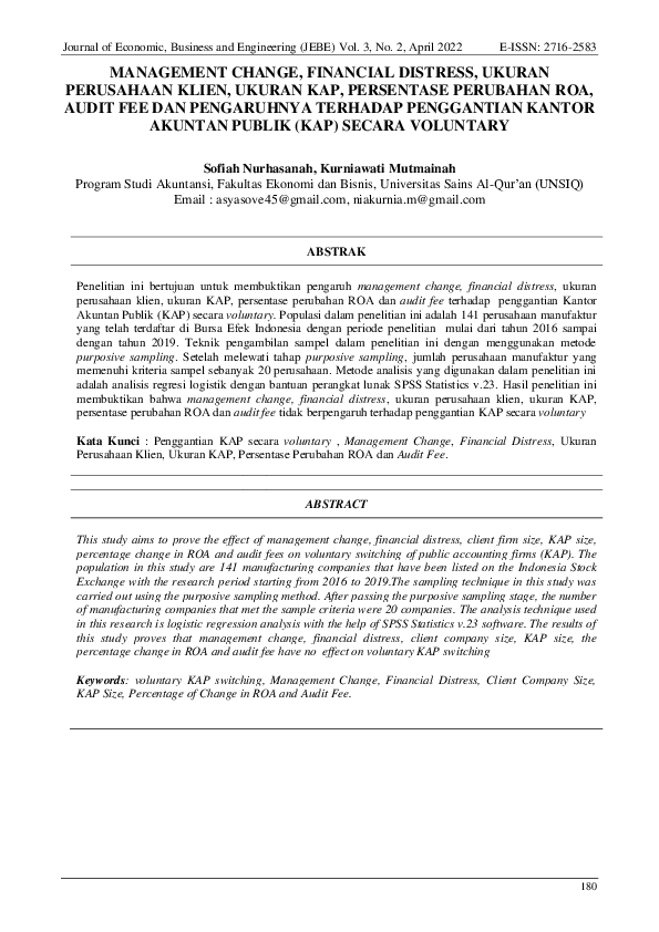 (PDF) Management Change, Financial Distress, Ukuran Perusahaan Klien, Ukuran Kap, Persentase ...