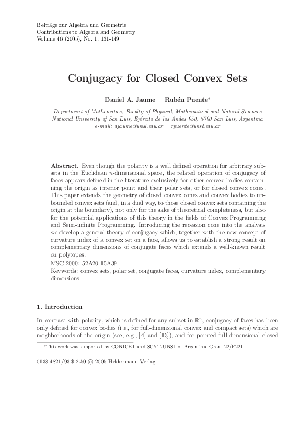 (PDF) Conjugacy for closed convex sets