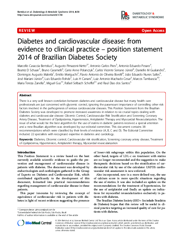 (PDF) Diabetes and cardiovascular disease: from evidence to clinical ...