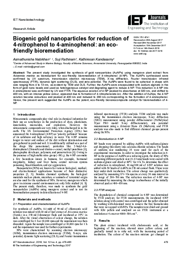 (PDF) Biogenic gold nanoparticles for reduction of 4-nitrophenol to 4-aminophenol: an eco ...