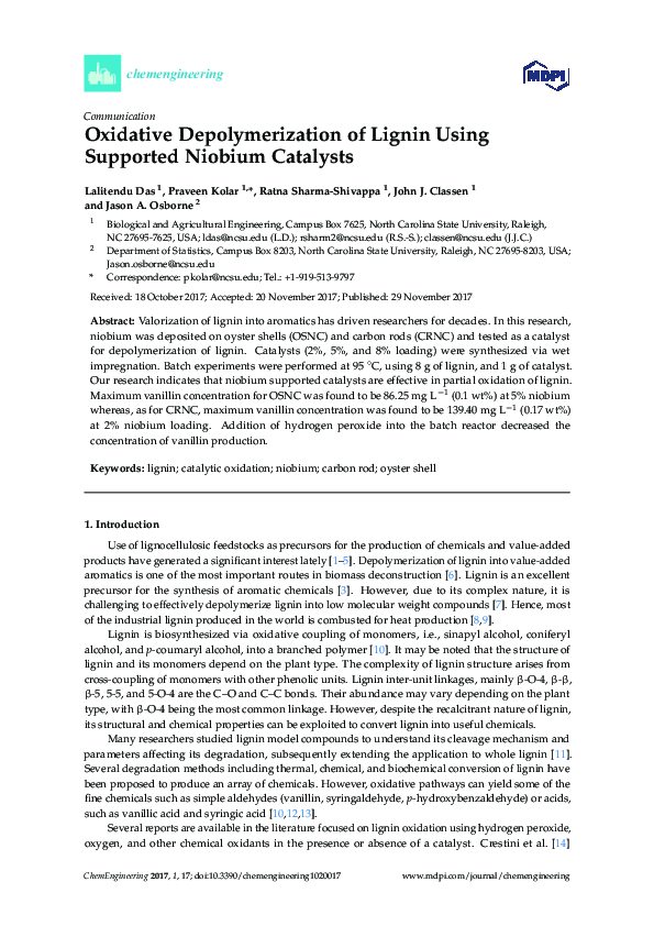 (PDF) Oxidative Depolymerization of Lignin Using Supported Niobium Catalysts