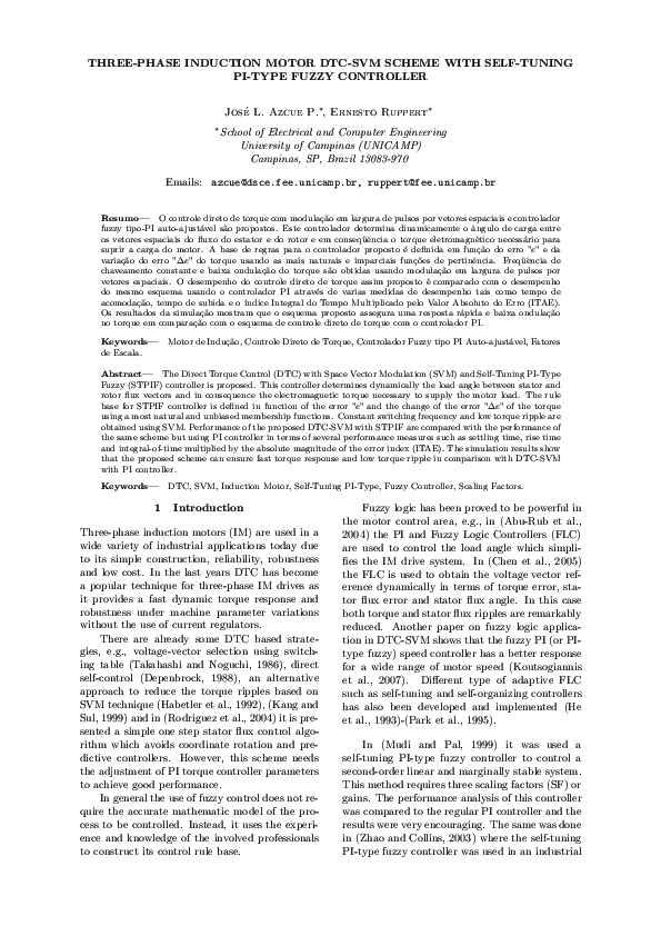 Pdf Three Phase Induction Motor Dtc Svm Scheme With Self Tuning Pi Type Fuzzy Controller