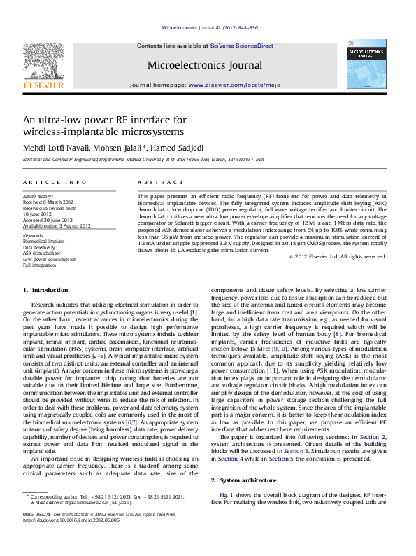 Pdf An Ultra Low Power Rf Interface For Wireless Implantable Microsystems