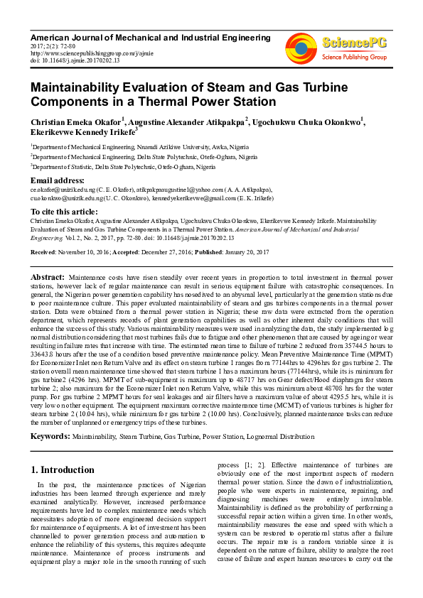 (PDF) Maintainability Evaluation of Steam and Gas Turbine Components in a Thermal Power Station