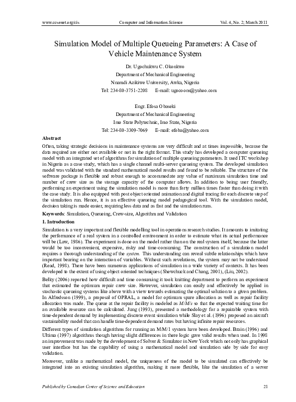 Pdf Simulation Model Of Multiple Queueing Parameters A Case Of