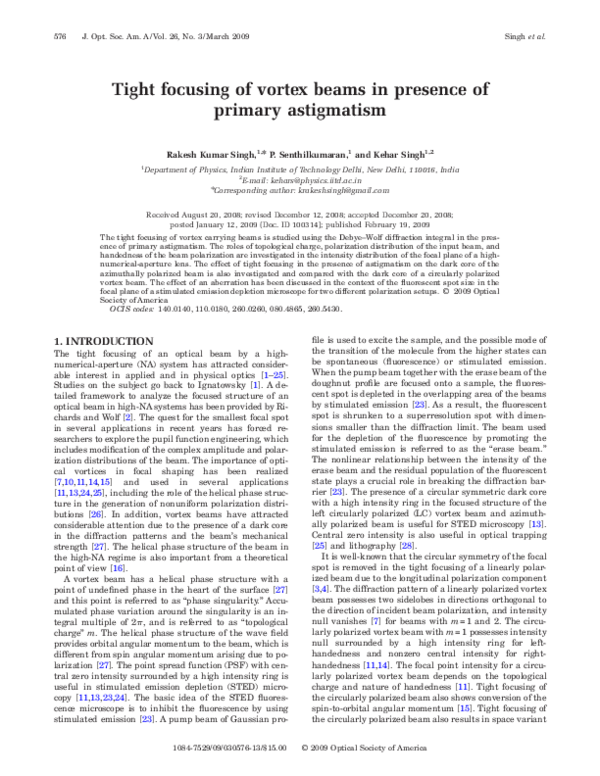 (PDF) Tight focusing of vortex beams in presence of primary astigmatism