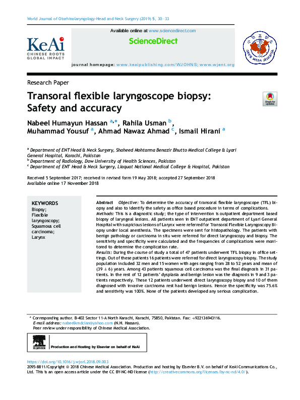 (PDF) Transoral flexible laryngoscope biopsy: Safety and accuracy